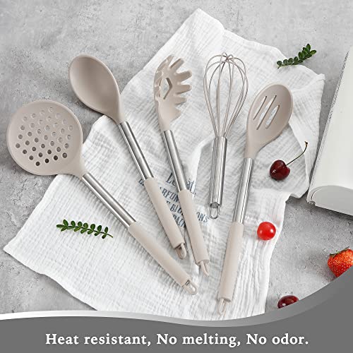 Hvygss Kitchen Utensil Set, 28 Pcs Silicone Cooking Utensils Set, Stainless Steel Handle Silicone Spatula Set with Silicone Whisk, Tongs, Ladle, Scissors, Measuring Cups and Spoons Set (Khaki)