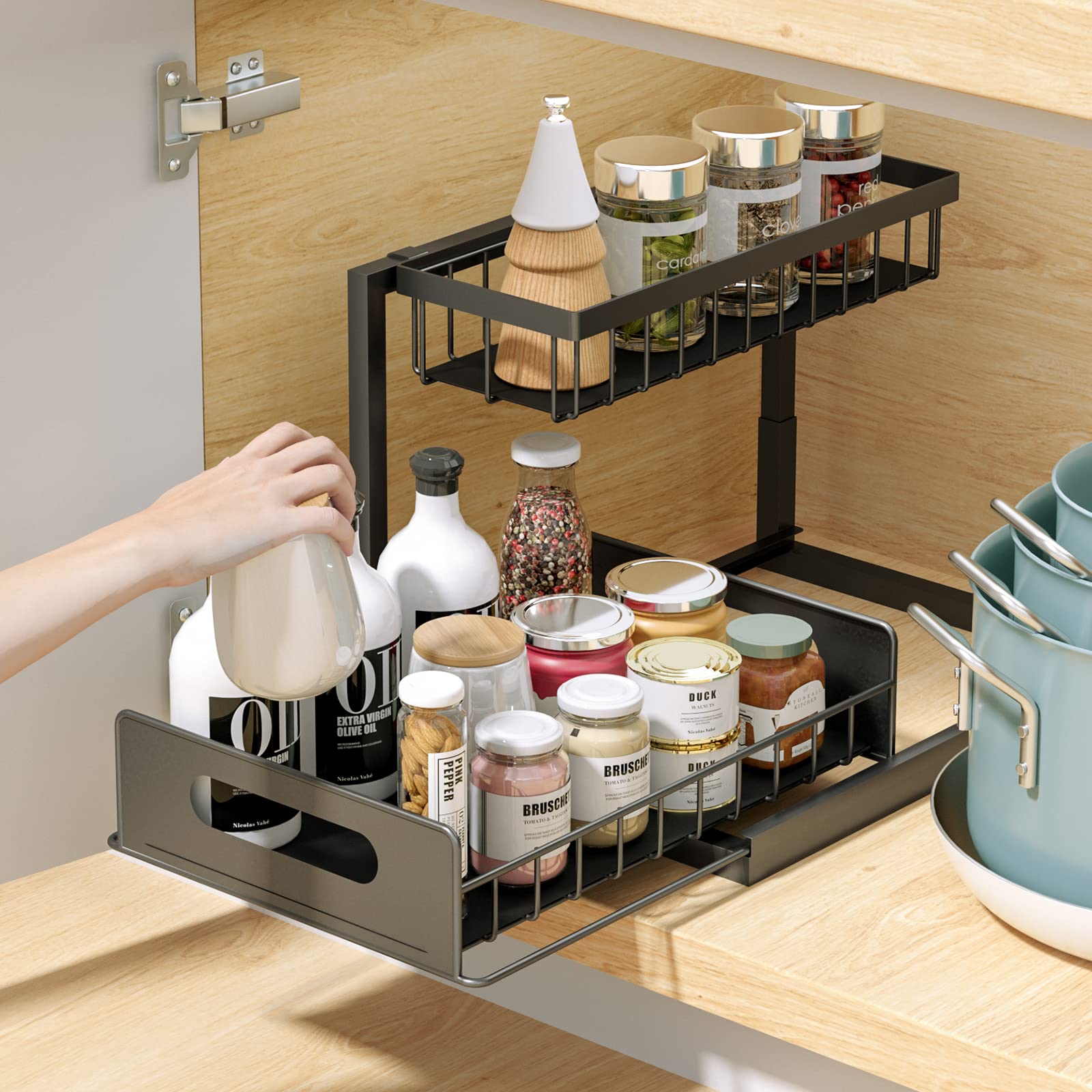 Under Sink Organizer and Storage, 2 Pack Pull Out Cabinet Slide Shelf Storage Shelves, for Kitchen Bathroom Organizer,Metal with Sliding Drawer,2-Tier Sturdy Multi-Functional Organization,Black