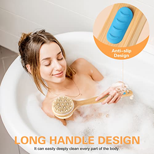 Shower Brush for Body, Coolbird Back Scrubber for Shower Brush with Soft and Stiff Bristles, Bath Dual-Sided Long Handle, Solid Wood Frame & Boar Hair Exfoliating Brush【Black Silicone】