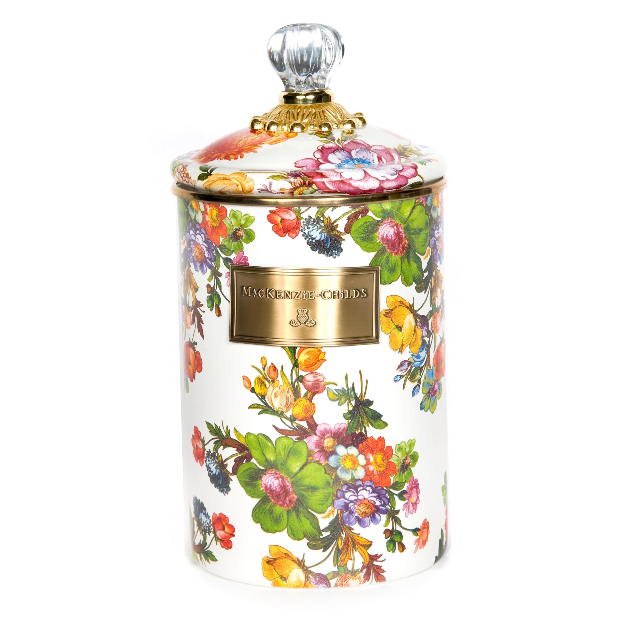 MACKENZIE-CHILDS Large Enamel Canister, Kitchen Storage Container for Flour and Sugar, 1.89 Liters, White Flower Market