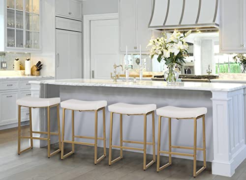 MAISON ARTS White & Gold Bar Stools Set of 4 Counter Height 24 Inches Saddle Stools for Kitchen Counter Backless Modern Gold Barstools Upholstered Faux Leather Stools Farmhouse Island Chairs