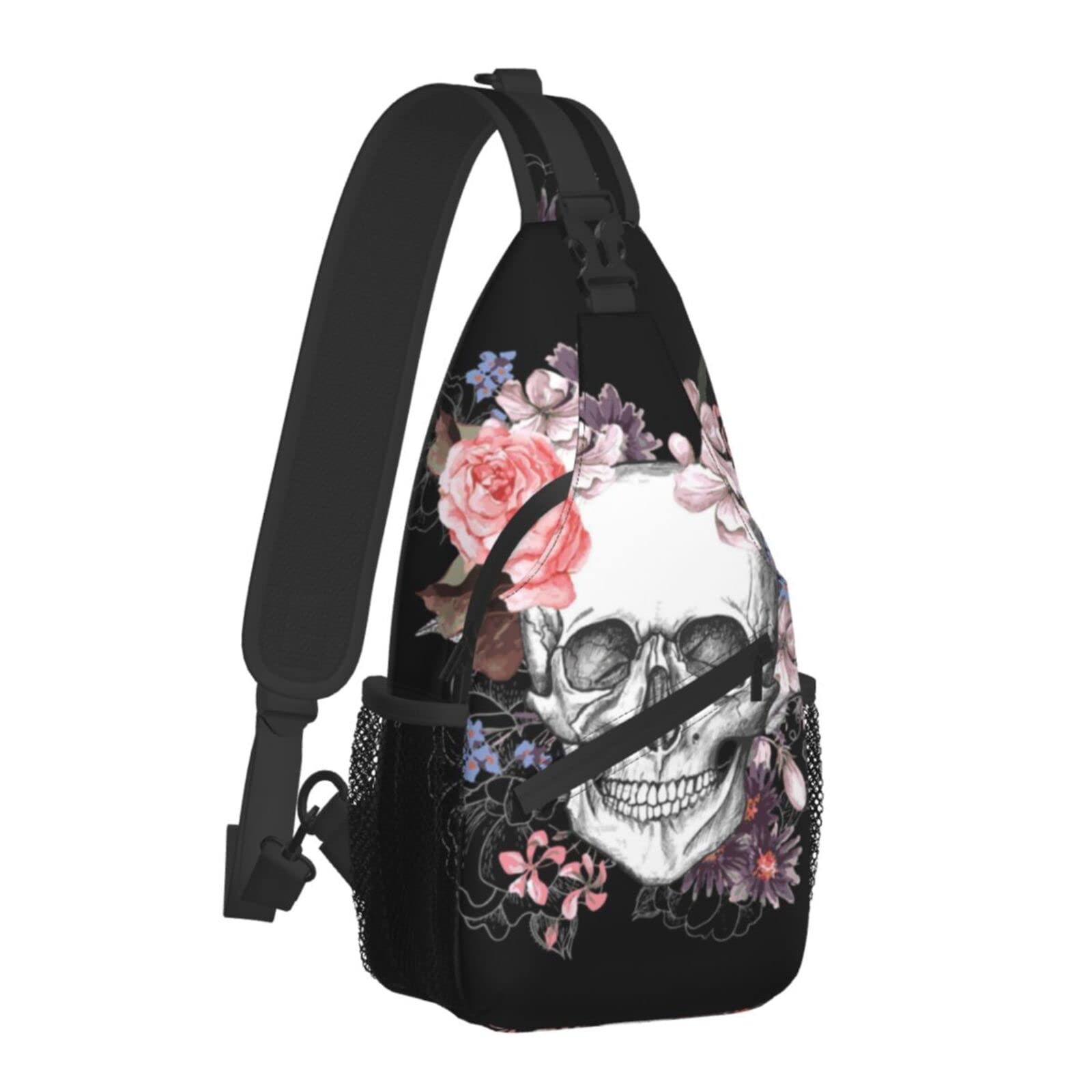 Jumou Rose and Skull Sling Bag Crossbody Women Men Travel Chest Backpack Leisure Sports Outdoor Running Hiking