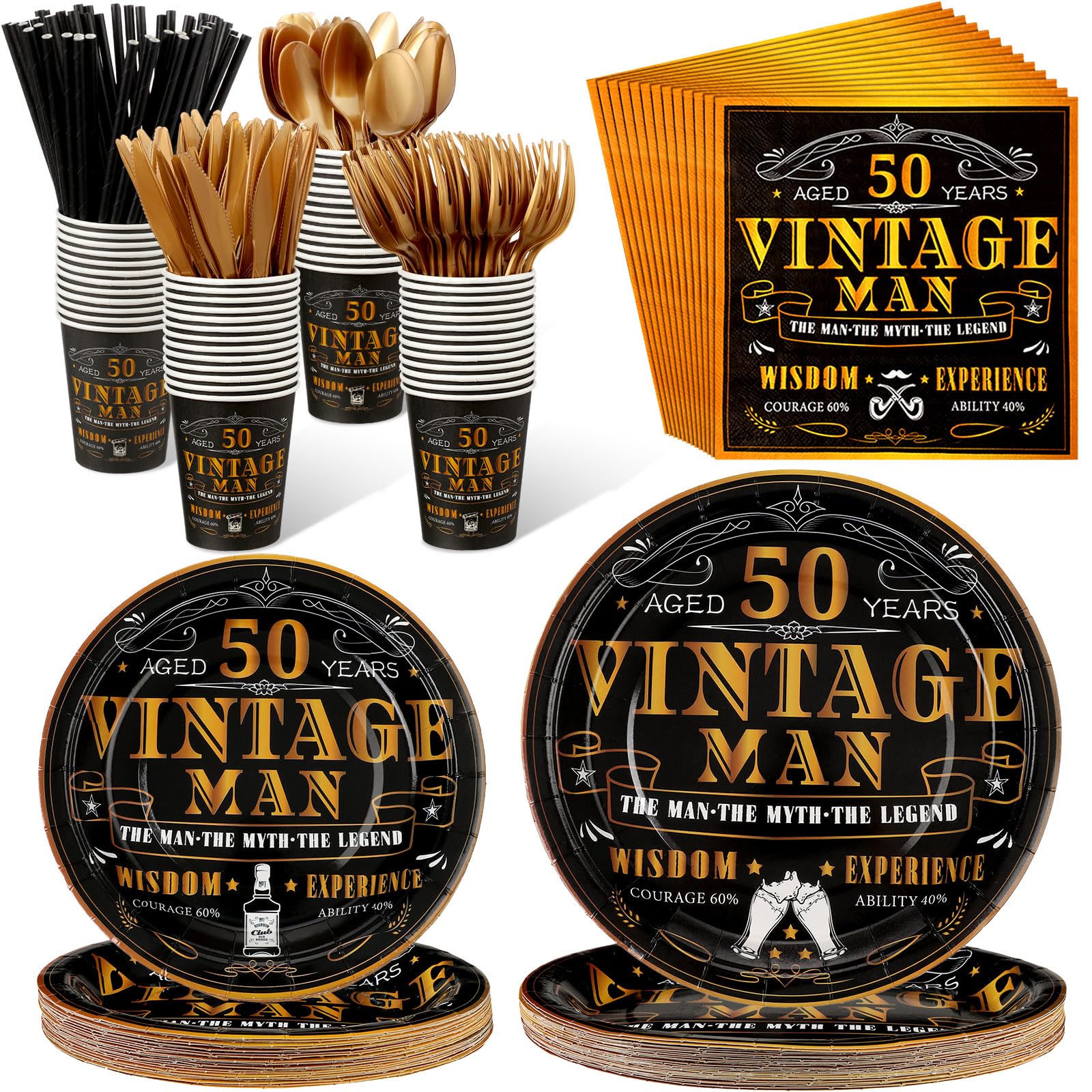 Weewooday 400 Pcs Vintage 50th Party Tableware Set 50th Theme Birthday Party Table Supplies Plates Cups Napkin Knife Spoon Fork Straw for Birthday Party Wedding Anniversary Decoration