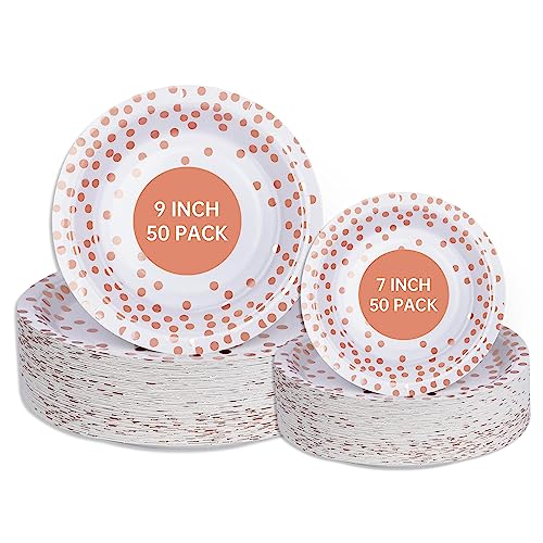 ROSINL Disposable Paper Plates 100 Pack White and Rose Gold Dots Paper Plates 50 x 9 and 50 x 7 Dinner Plates, Foil Polka Dots Paper Plates for Wedding Bridal Shower Engagement Birthday Parties