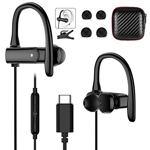 USB C Headphone,Type C Earphone for Samsung S22 Ultra S23 Plus Anti-Drop Earhook Workout Gym Earbuds, HiFi Stereo Noise Canceling Microphone for Galaxy S21 FE iPad 10 Pro Air Google Pixel 7 OnePlus 11