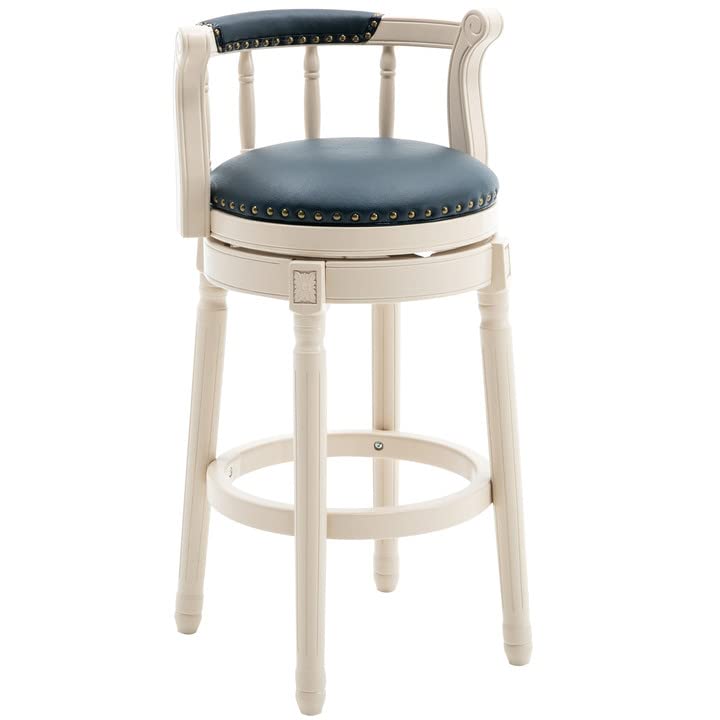 AULIFE Cow top Leather Wooden Bar Stools, 360 Degree Swivel Bar Height Chair with Backs for Home Kitchen Counter, Morden Chair Barstools (Ivory Wood 1pc-Blue Seat, Bar Height-Seat Height 29.5â)