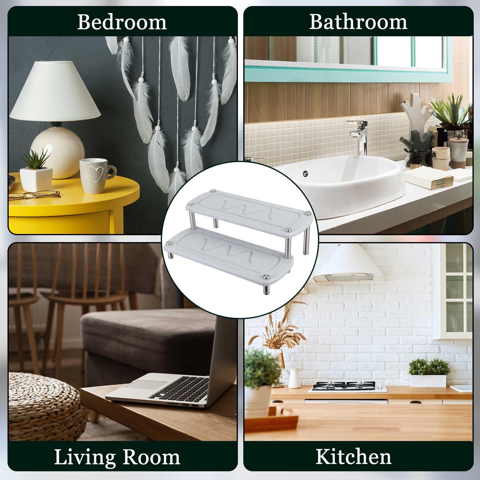 Kigley 2 Sets of Double Tiered Sink Caddy Instant Dry Sink Organizer Bathroom Counter Diatomaceous Earth Fast Drying Stone Sink Tray with Stainless Steel, 11" x 4.3" Each, Gray, White and Dark Gray