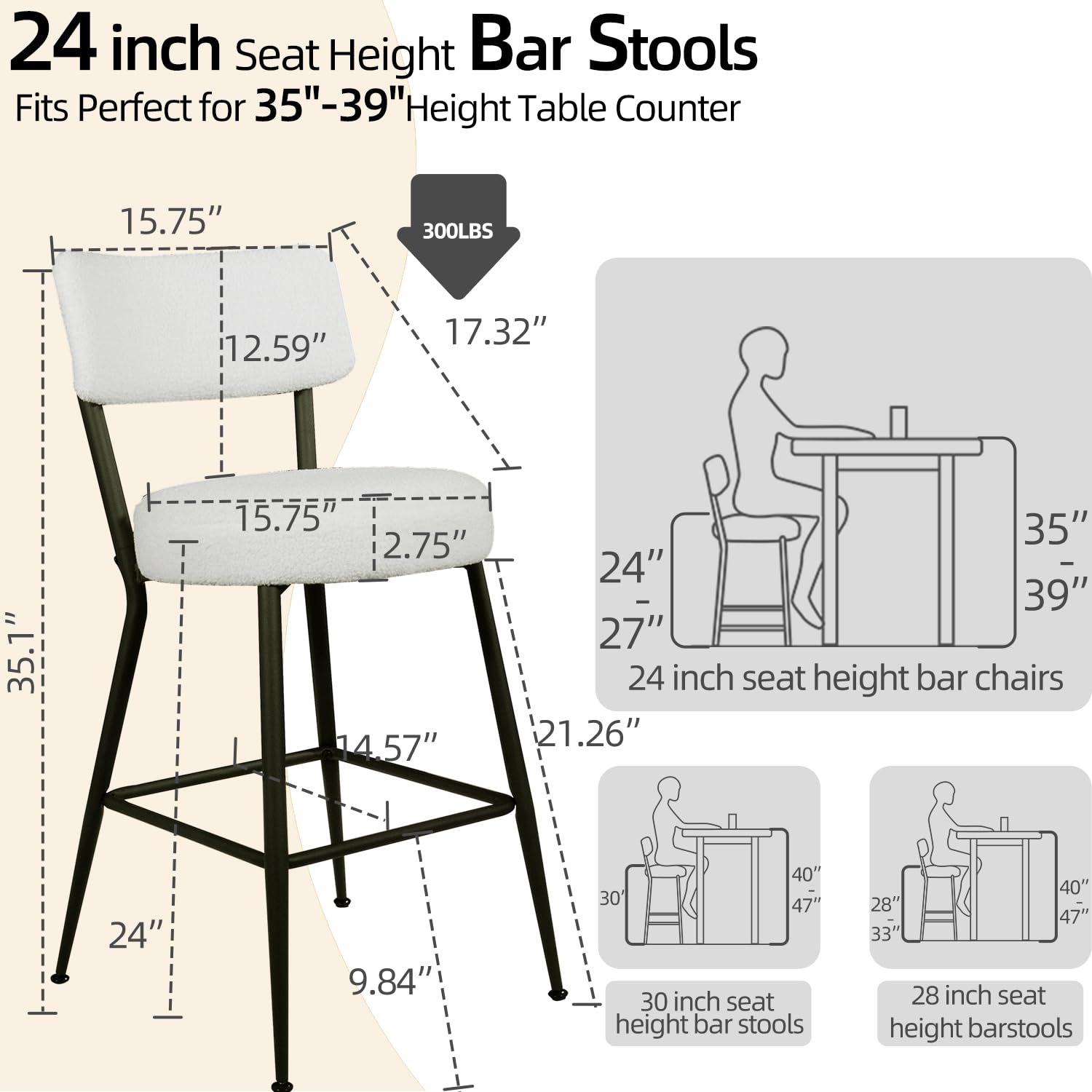 Sucrever 24” Boucle Bar Stools Set of 2, Counter Height Bar Stools with Back, Sherpa Barstools with Black Metal Legs/Footrest, Cream White