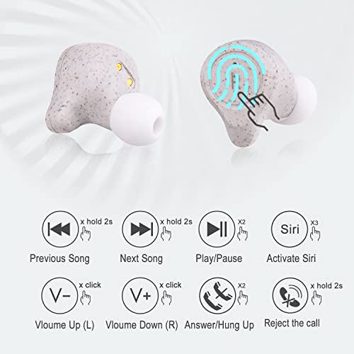 Wireless Earbuds Bluetooth Headphones Built-in Microphone with Support Wireless Charging Case, Wheat Straw in-Ear TWS Earphones with Stereo and Bass, for iPhone, Android,PC (TO6)
