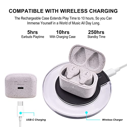 Wireless Earbuds Bluetooth Headphones Built-in Microphone with Support Wireless Charging Case, Wheat Straw in-Ear TWS Earphones with Stereo and Bass, for iPhone, Android,PC (TO6)