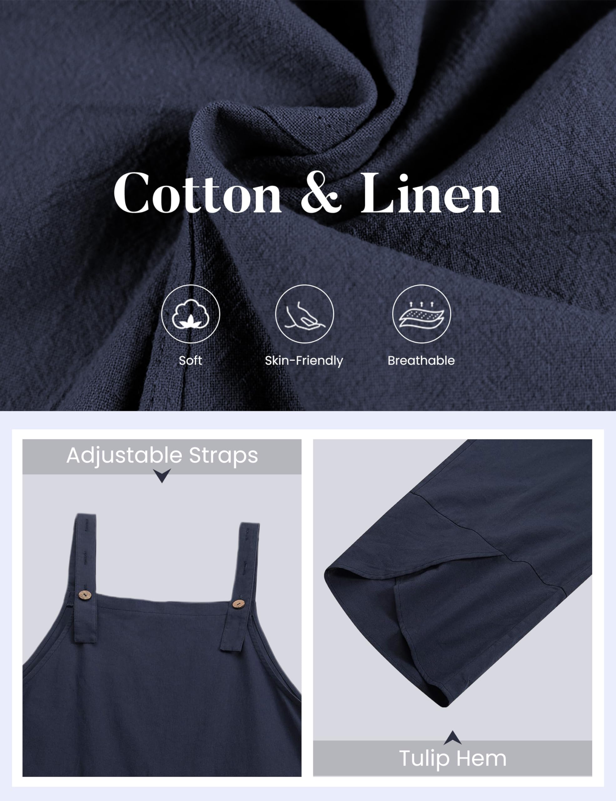 UANEO Womens Cotton Adjustable Casual Summer Bib Overalls Jumpsuits with Pockets (Navy, XL)