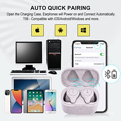 Wireless Earbuds Bluetooth Headphones Built-in Microphone with Support Wireless Charging Case, Wheat Straw in-Ear TWS Earphones with Stereo and Bass, for iPhone, Android,PC (TO6)