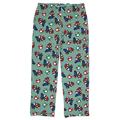 Nintendo Men's Super Mario and Mushrooms Soft Touch Cotton Lounge Pajama Pants (Large) Green