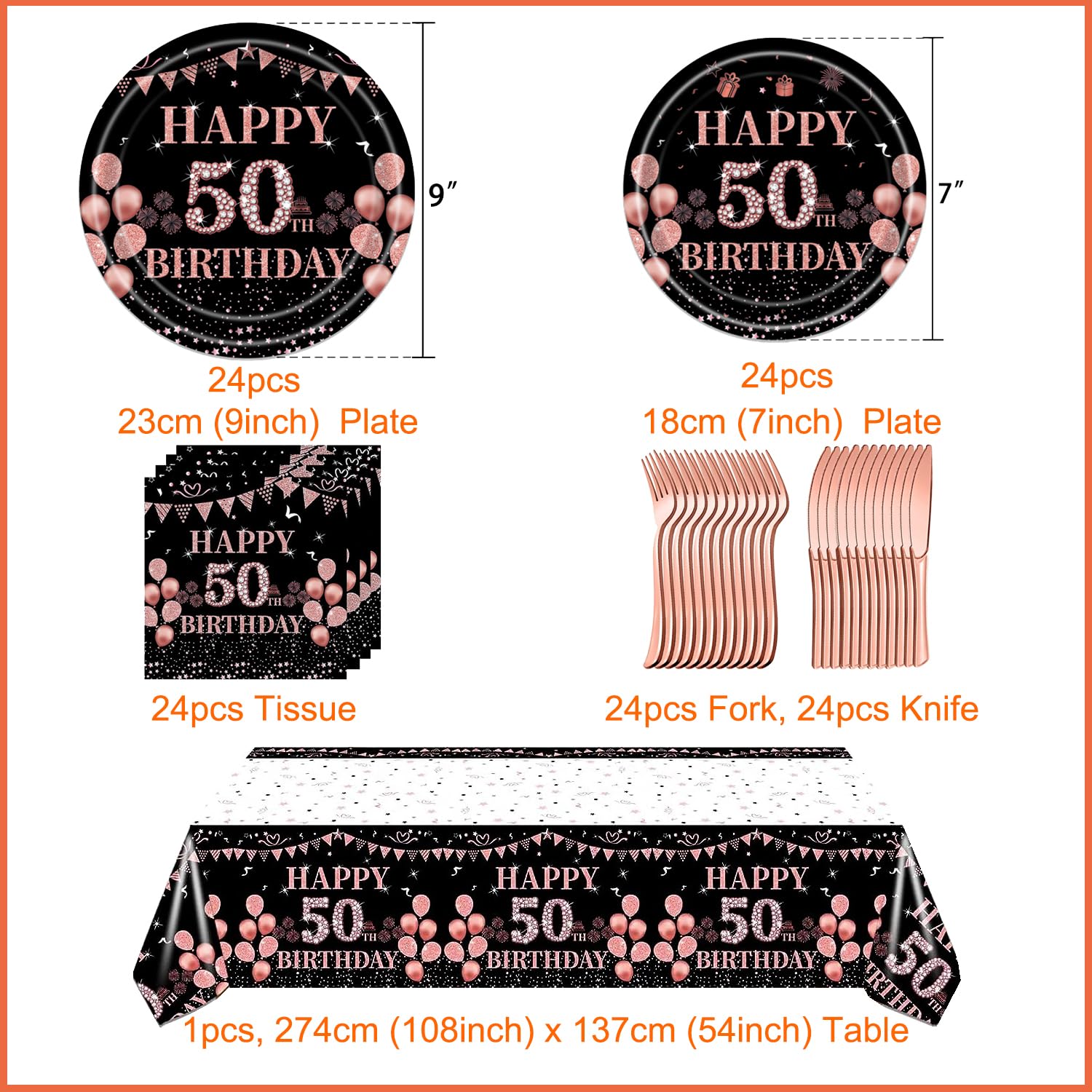 Black Rose Gold Birthday Party Supplies,Disposable Party Tableware Sets - 50 Years Paper Plates,Napkins,Plastic Forks Knives,Tablecloths,50th Birthday Decorations for Men,24 Guests