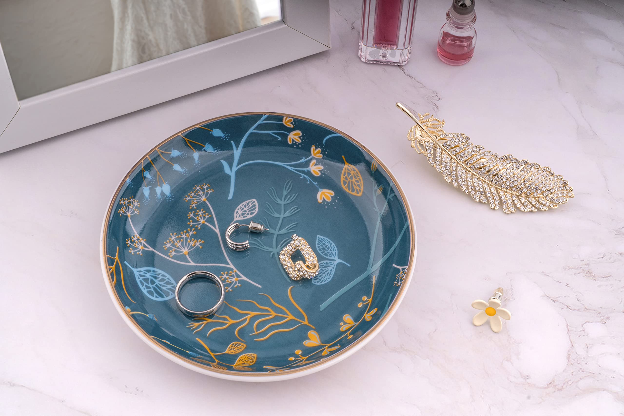 Goporcelain Jewelry Ring Dish Tray Boho Ceramic Decorative Trinket Dish Organizer for Rings Earrings Necklaces Bracelet Watch Keys Plate Small Round Ring Holder Gift for Women Engagement
