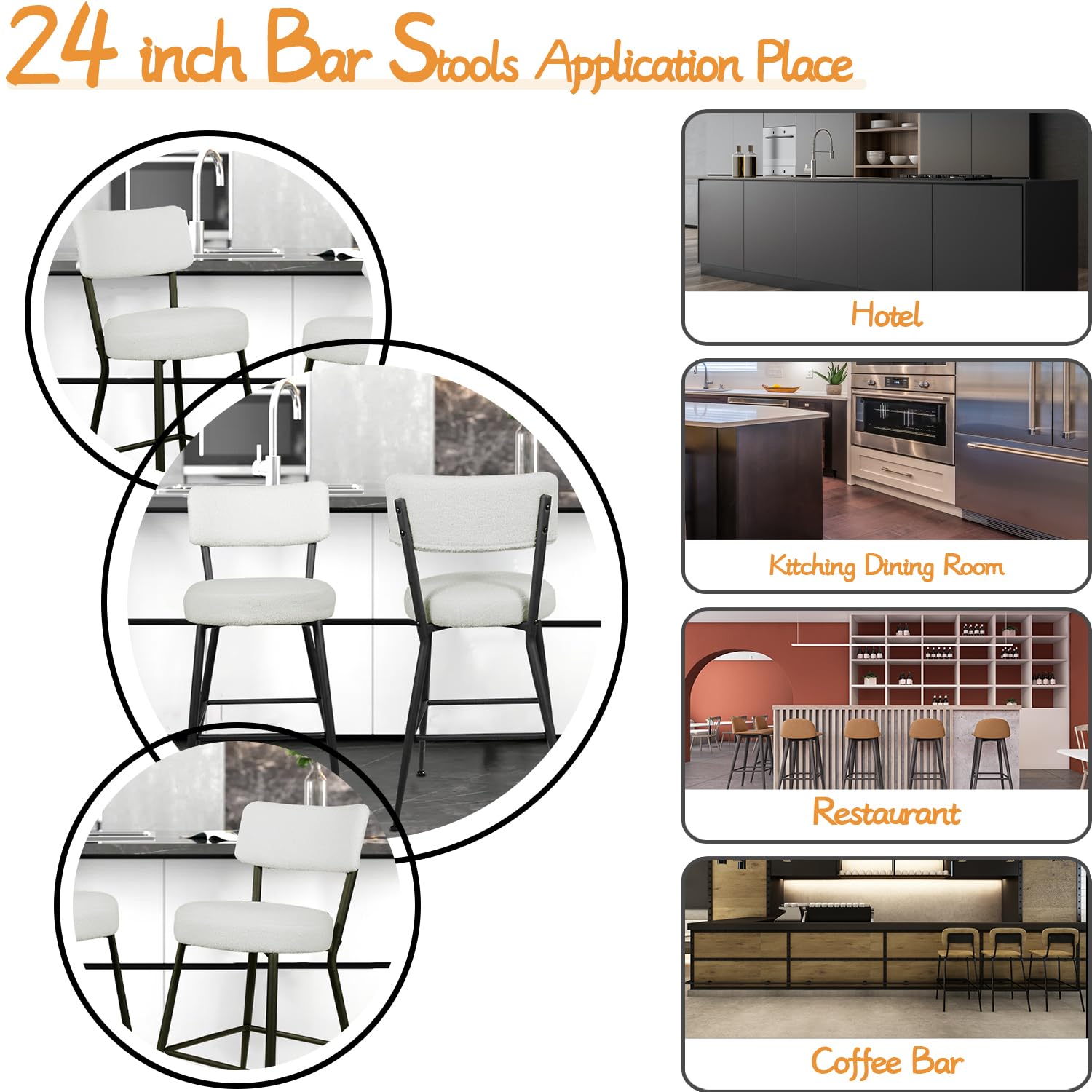 Sucrever 24” Boucle Bar Stools Set of 2, Counter Height Bar Stools with Back, Sherpa Barstools with Black Metal Legs/Footrest, Cream White