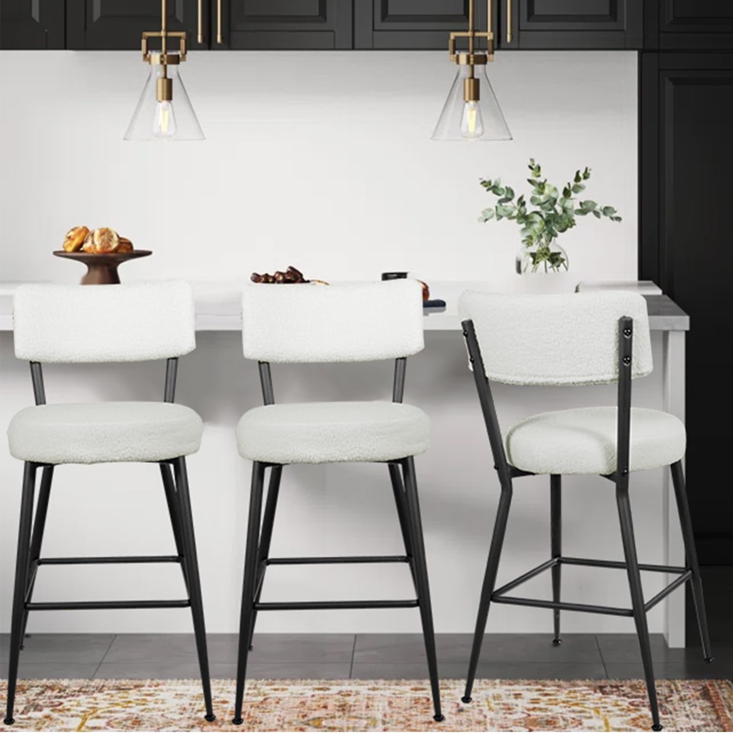 Sucrever 24” Boucle Bar Stools Set of 2, Counter Height Bar Stools with Back, Sherpa Barstools with Black Metal Legs/Footrest, Cream White
