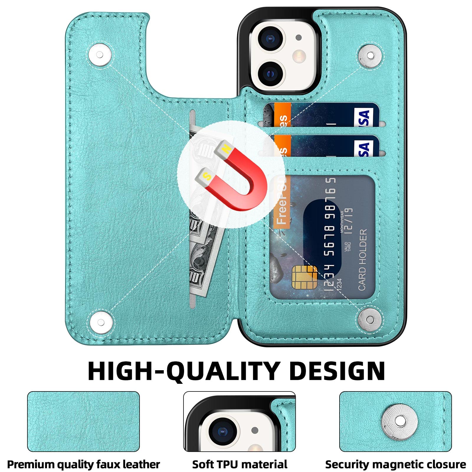 iMangoo for iPhone 12 Mini Case Wallet Credit Card Holder Slots, iPhone 12 Mini Cases for Women Embossed Mandala Flower Pattern PU Leather Double Magnet Clasp Flip Sleeve Cash Pocket Cover Mint