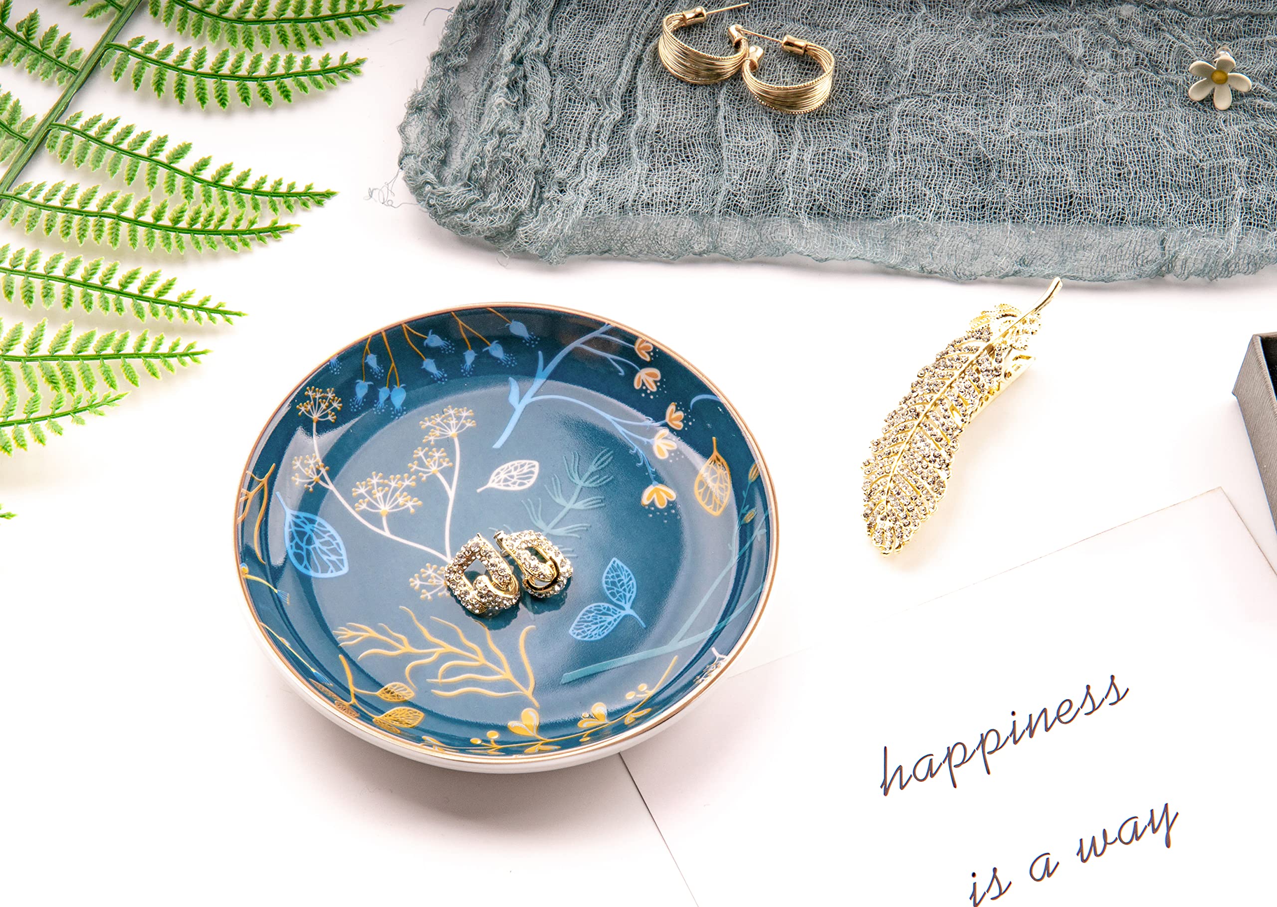 Goporcelain Jewelry Ring Dish Tray Boho Ceramic Decorative Trinket Dish Organizer for Rings Earrings Necklaces Bracelet Watch Keys Plate Small Round Ring Holder Gift for Women Engagement