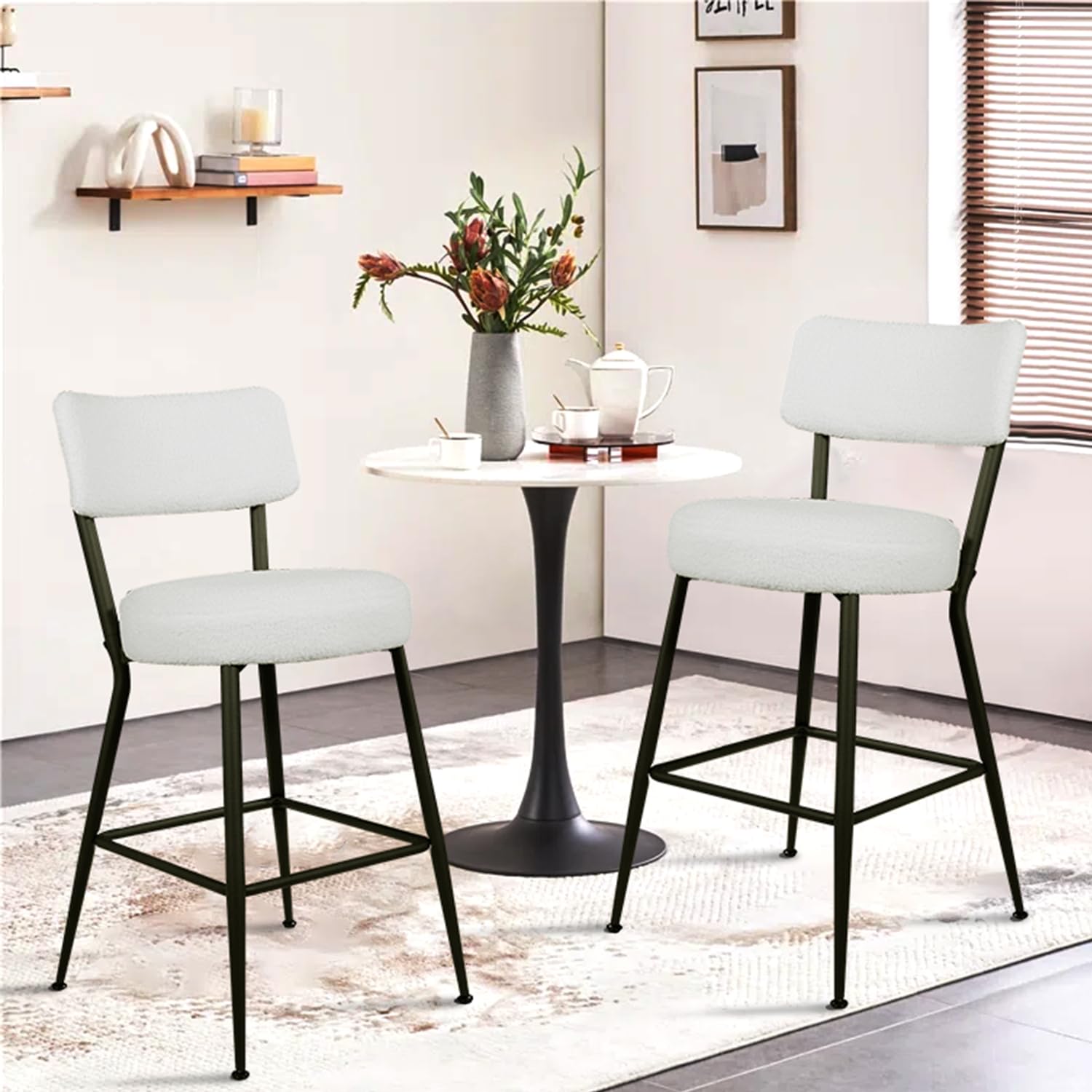 Sucrever 24” Boucle Bar Stools Set of 2, Counter Height Bar Stools with Back, Sherpa Barstools with Black Metal Legs/Footrest, Cream White