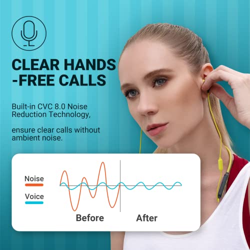 233621 Wave Bluetooth Neckband Headphones, 15 Hrs Playtime Stereo Wireless Earbuds with CVC 8.0 Call Noise Cancellation Microphone, 10.7 mm Drivers, IPX5 Waterproof & Skin-Friendly (Lime Coral)