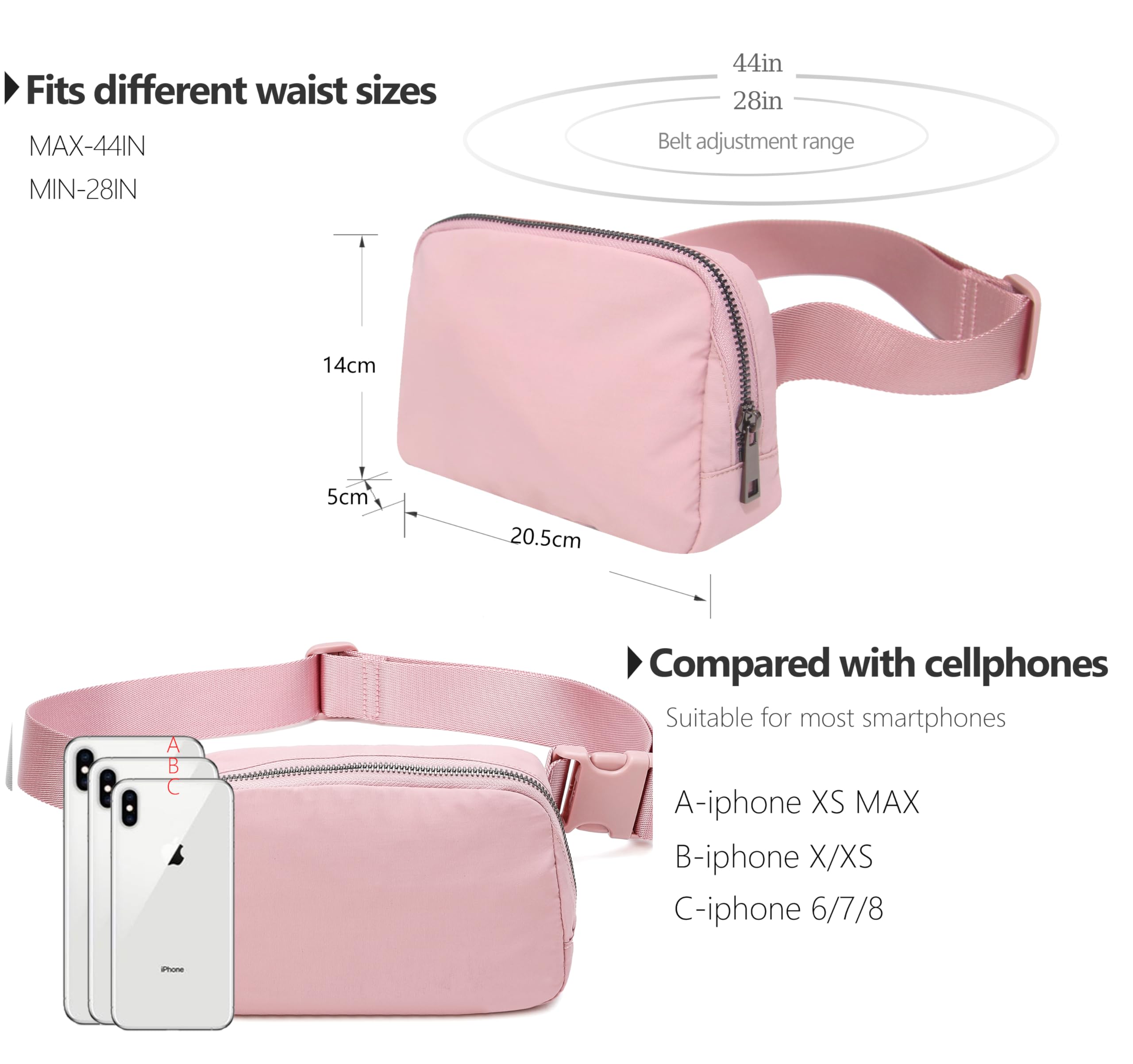 Fanny Belt Bag Waist Pack Crossbody Bags Bum Bag for Running Hiking Travel Workout Adjustable Strap for Women -pink