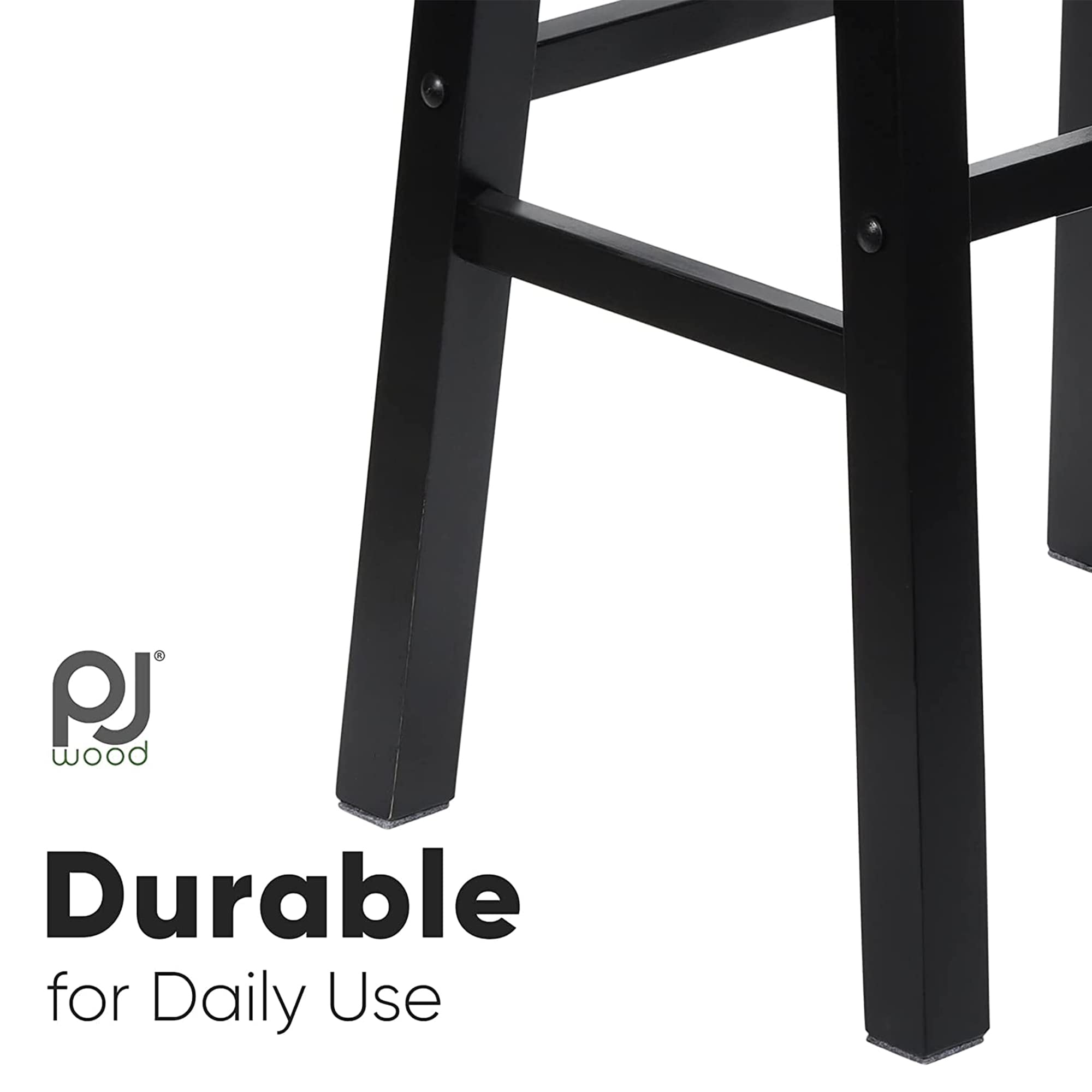 PJ Wood 24 Inch Single A Frame Classic and Modern Comfortable Wooden Bar Stool Saddle Seat with Built in Bars as Footrests, Black