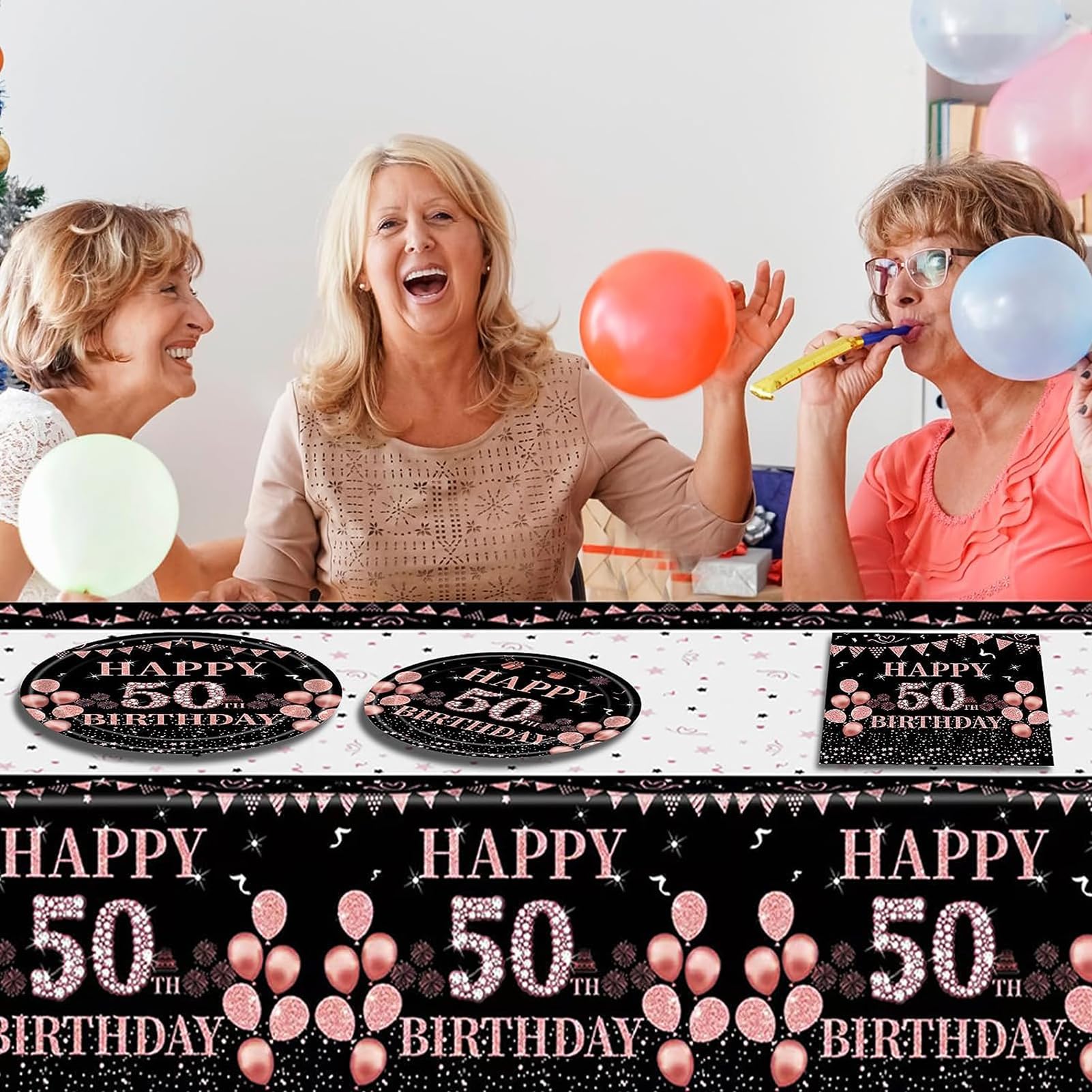 Black Rose Gold Birthday Party Supplies,Disposable Party Tableware Sets - 50 Years Paper Plates,Napkins,Plastic Forks Knives,Tablecloths,50th Birthday Decorations for Men,24 Guests