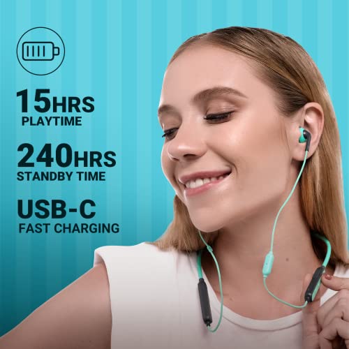 233621 Wave Bluetooth Neckband Headphones, 15 Hrs Playtime Stereo Wireless Earbuds with CVC 8.0 Call Noise Cancellation Microphone, 10.7 mm Drivers, IPX5 Waterproof & Skin-Friendly (Lime Coral)