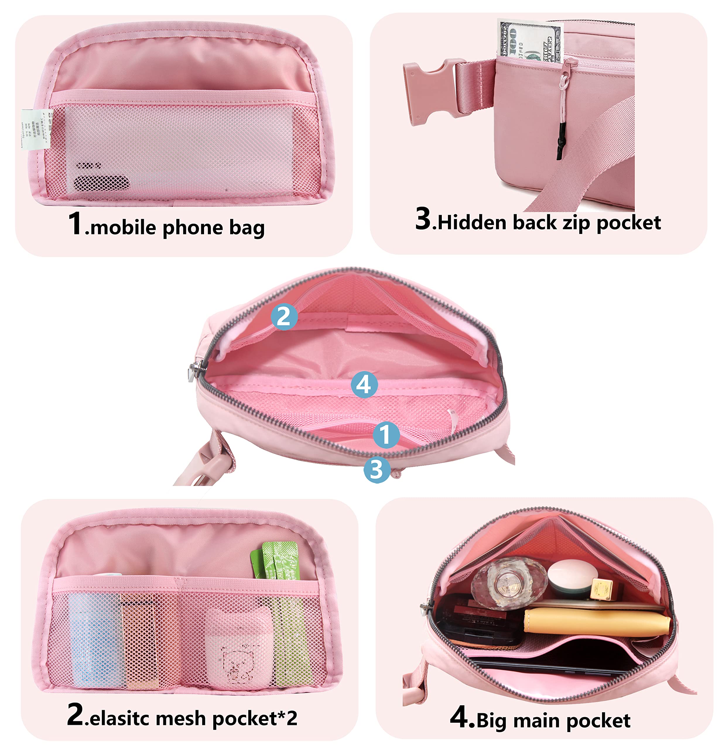 Fanny Belt Bag Waist Pack Crossbody Bags Bum Bag for Running Hiking Travel Workout Adjustable Strap for Women -pink
