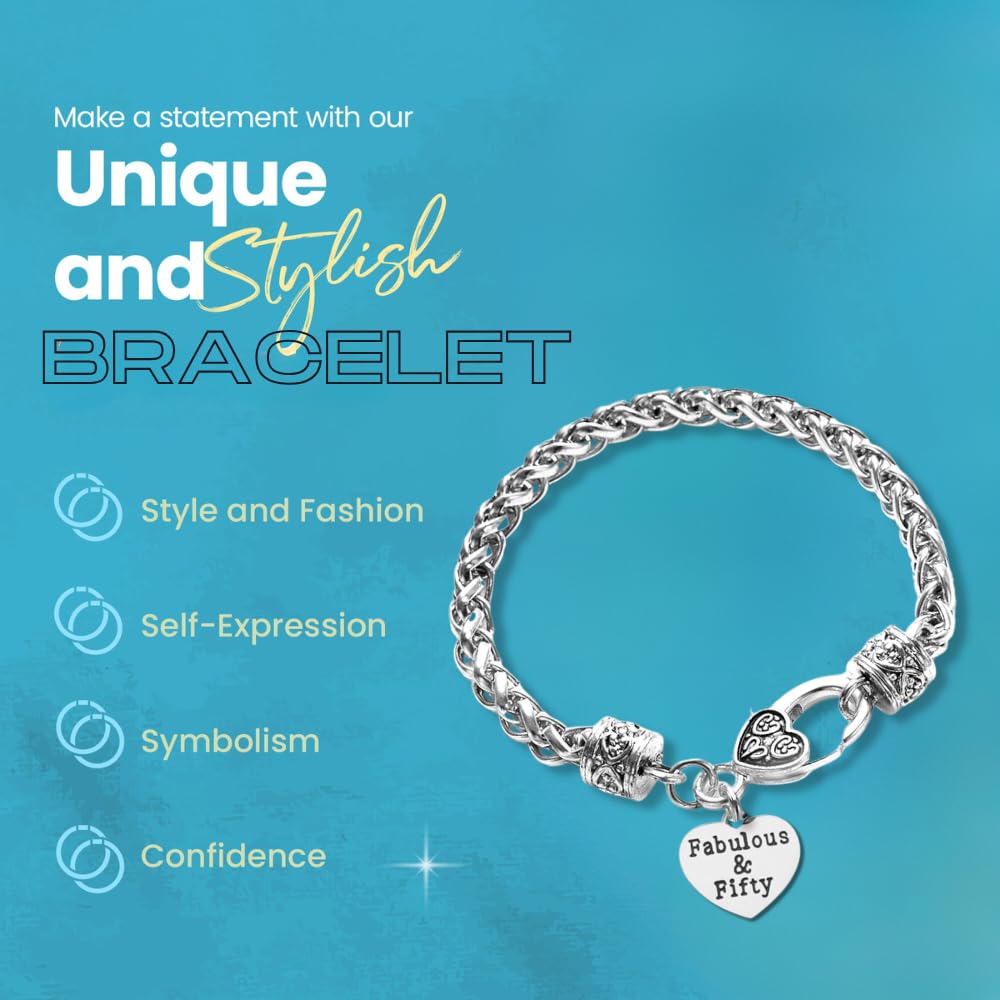 Infinity Collection 50th Birthday Charm Bracelet - Fabulous and Fifty Gift for Her, Unique Birthday Bracelet