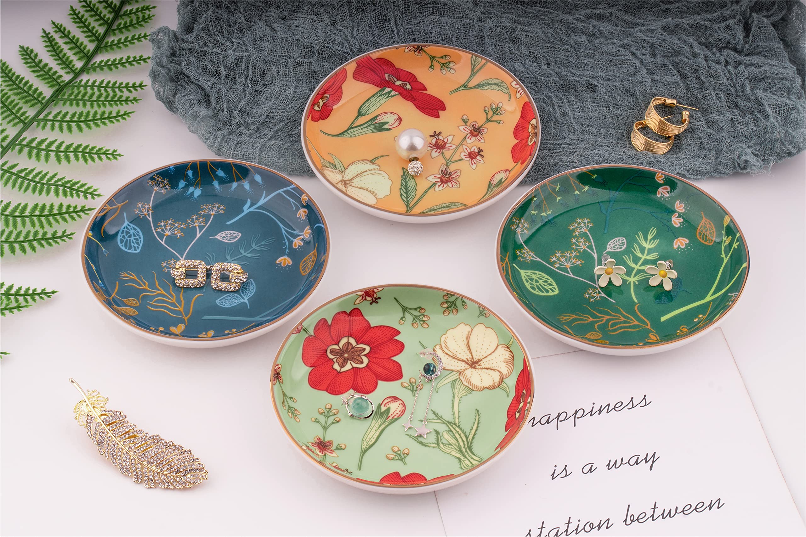Goporcelain Jewelry Ring Dish Tray Boho Ceramic Decorative Trinket Dish Organizer for Rings Earrings Necklaces Bracelet Watch Keys Plate Small Round Ring Holder Gift for Women Engagement