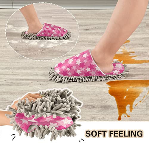 Kigai Microfiber Cleaning Slippers Pink Stars Washable Mop Shoes Slipper for Men/Women House Floor Dust Cleaner, Size L