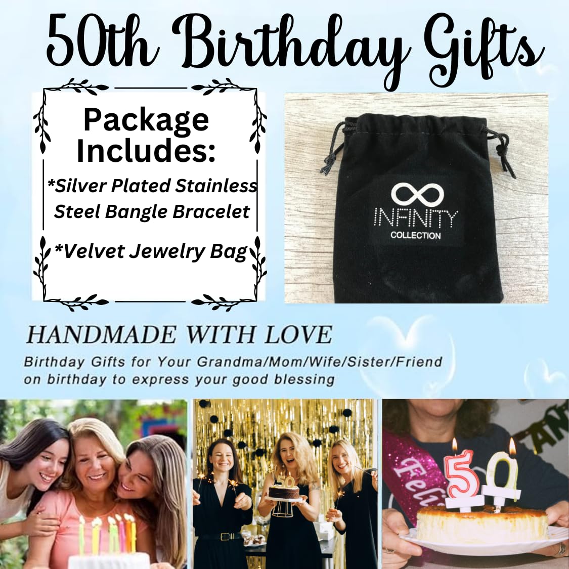 Infinity Collection 50th Birthday Charm Bracelet - Fabulous and Fifty Gift for Her, Unique Birthday Bracelet
