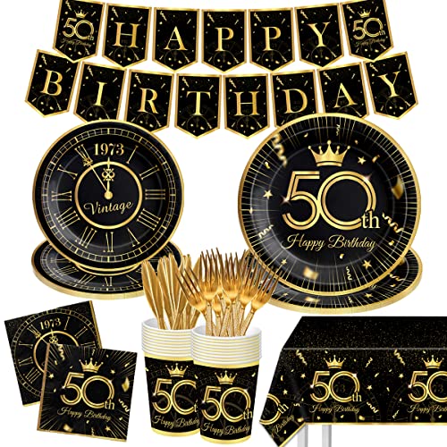 Vintage 50th Birthday Party Decorations-142Pcs Black Gold 50th Happy Birthday Tableware Back in 1973 Disposable Plates and Napkins Set Vintage Style 50th Birthday Party Supplies for 20 Guests