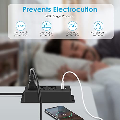 JUNNUJ Thin Flat Plug Power Strip 3 Outlet, Wall Mount Outlet 1200J Surge Protector Slim Outlet Wall Plug with 2 USB Ports, Ultra Plug Thin Socket with 5ft 45 Degrees Right Angle Flat Plug Cord