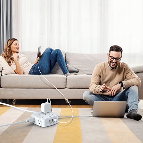 10 Ft Surge Protector Power Strip - YISHU 3 Side Outlet Extender with 8 Widely AC Outlets and 4 USB Ports, 10 Feet Extension Cord with Flat Plug, Wall Mount Desk USB Charging Station, ETL ,White