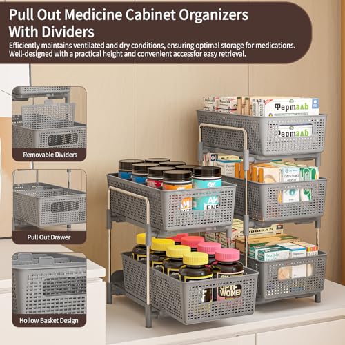 Bathroom Organizers and Storage, 2 Pcs 3 Tier Under Sink Organizer, Medicine Cabinet Organizers With Dividers, Pull Out Cabinet Organizer, Bathroom Cabinet Organizer and Storage, Kitchen Storage Grey