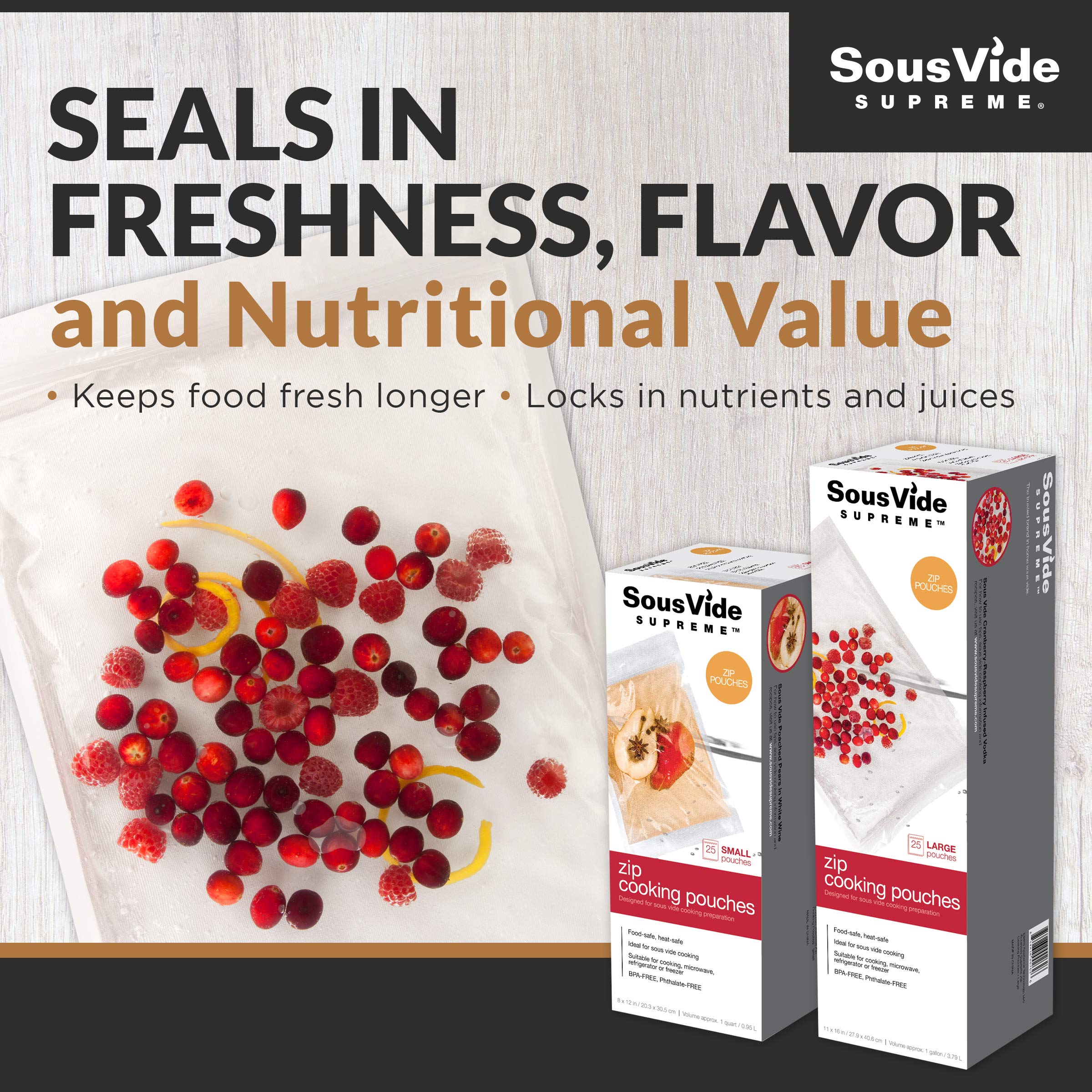 SousVide Supreme Zip Cooking Pouches, 8 x 12 inches, 1 Quart, 25 Pouches per Box
