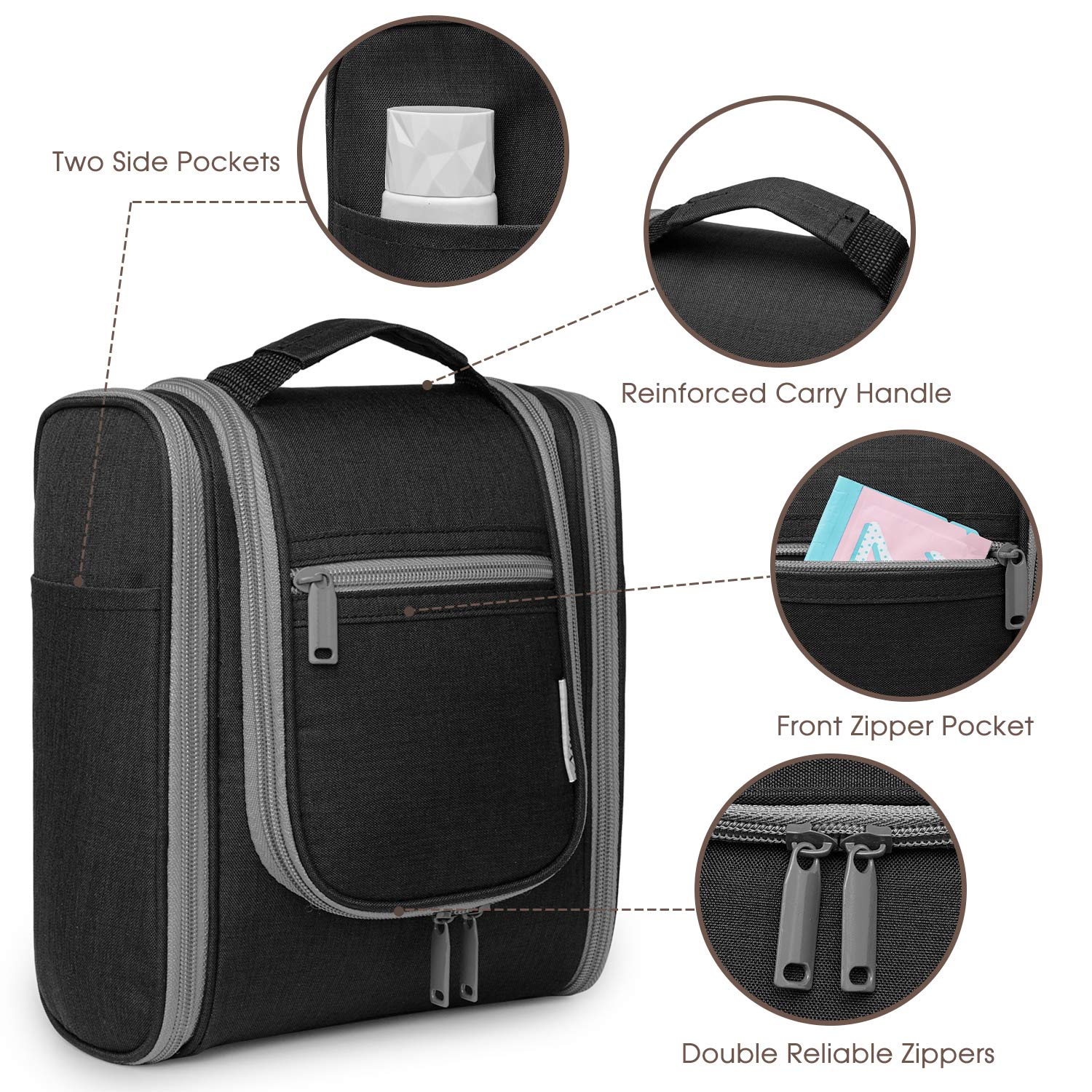 Narwey Small Hanging Travel Toiletry Bag Cosmetic Make up Organizer for Women and Men (Medium, Black)