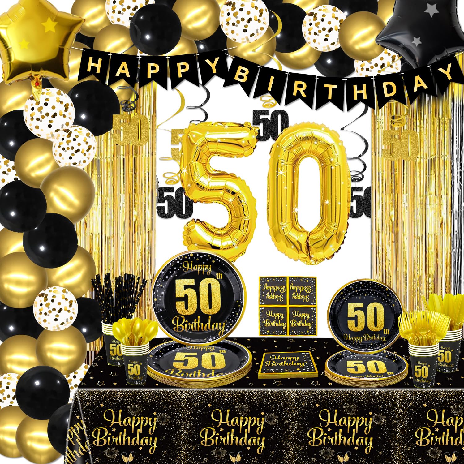 50th Birthday Decorations - Black and Gold Party Decorations, Black Gold Balloons, Banner, Plates, Napkins, Cups, Tablecloth, Birthday Party Supplies for Women and Men, Serve 20