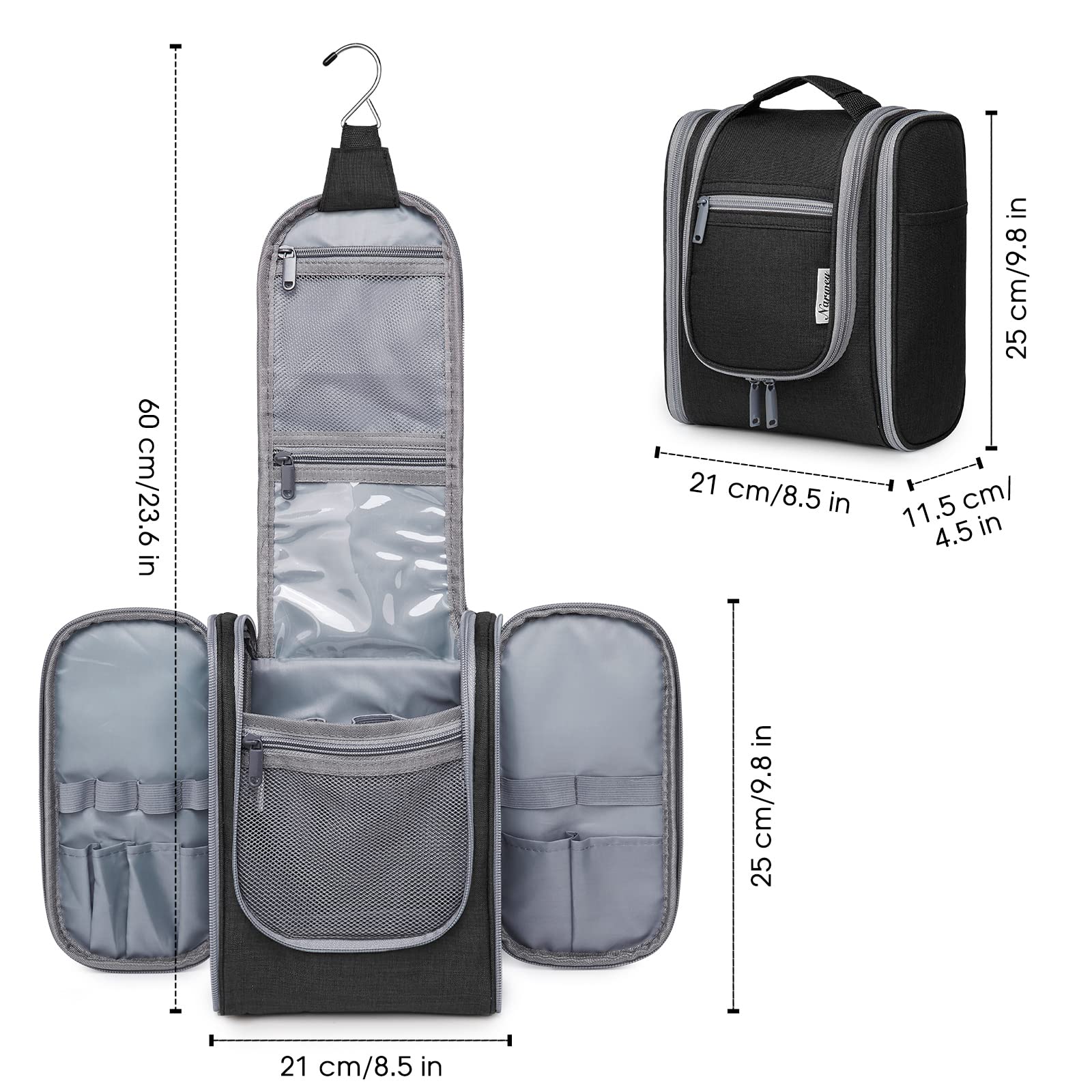Narwey Small Hanging Travel Toiletry Bag Cosmetic Make up Organizer for Women and Men (Medium, Black)