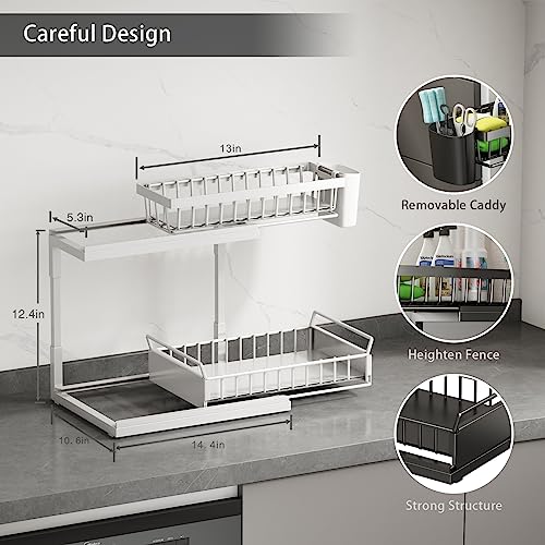 CICUFY Metal Under Sink Organizer,2-Tier Double Sliding Under Sink Storage for kitchen & Bathroom Cabinet-White
