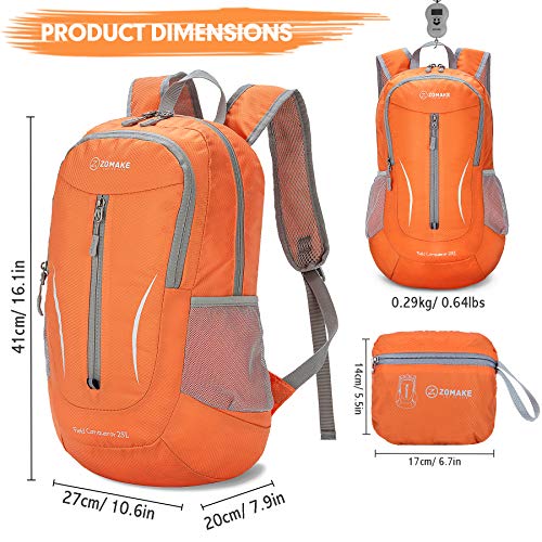 ZOMAKE Ultra Lightweight Packable Backpack 25L, Foldable Hiking Backpacks Water Resistant Small Folding Daypack for Travel(Orange)