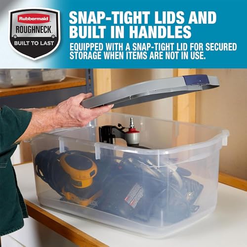 Rubbermaid Roughneck Clear Storage Container, 50 qt., Clear Base, Grey and Blue Lid, Pack of 5 (1785784)