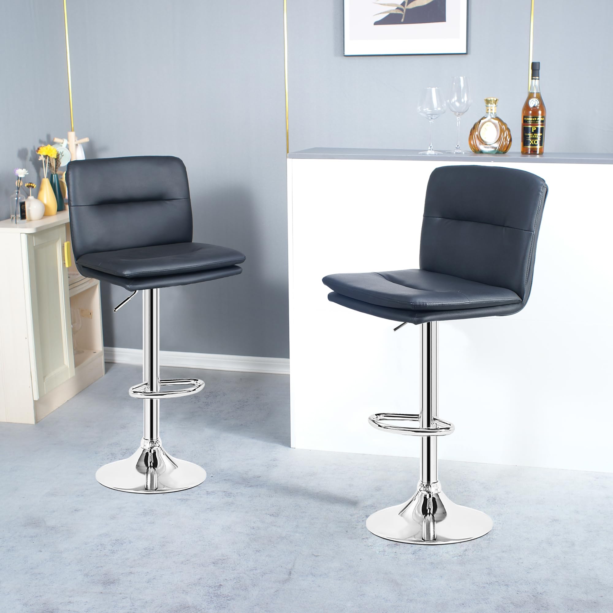 Luonavei Modern Bar Stools Set of 2 Counter Height Bar Stool with Back, Faux Leather Upholstered Barstools Modern Adjustable Swivel Bar Chairs for Home Kitchen Island (Black- S1, Set of 2)