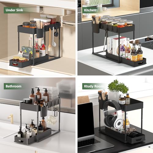 seasky Under Sink Organizers and Storage 2 Pack, 2 Tier Adjustable Height Sliding Bathroom Organizer, Kitchen Organizer Multipurpose Under Sink Cabinet Storage with 8 Hooks and 2 Hanging Cup