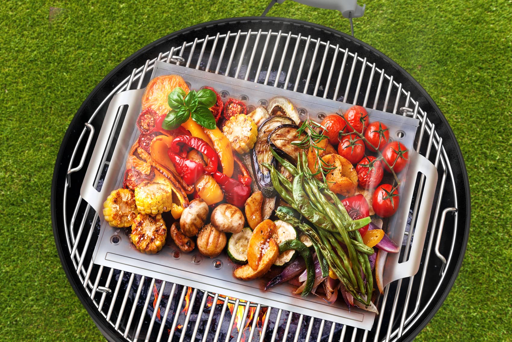 Onlyfire Stainless Steel Grill Basket, Nonstick BBQ Grill Tray Topper Grid Grilling Pan with Perforated Bottom and Handles for Seafood, Meats, Vegetables, Great for Most Grills and Smokers