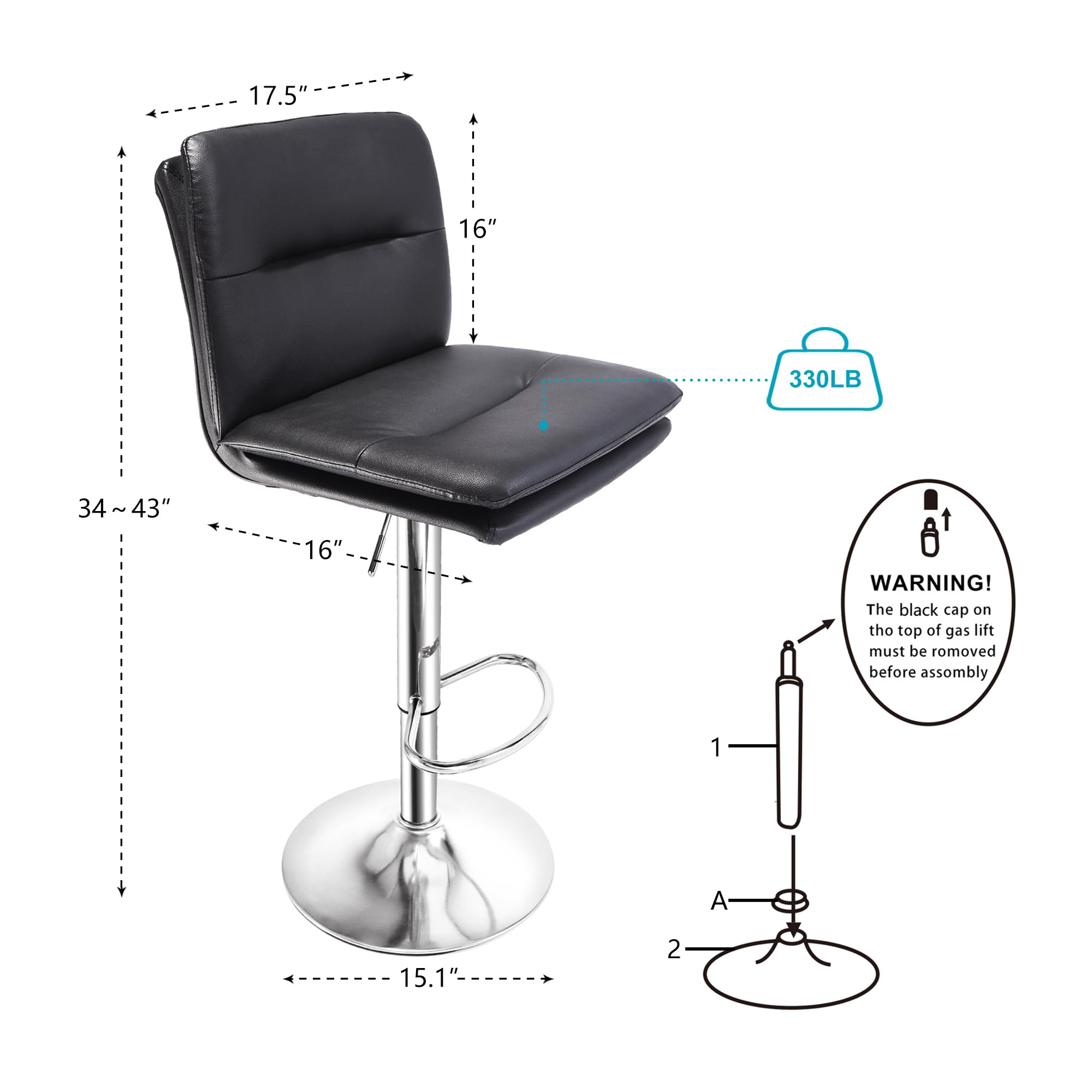 Luonavei Modern Bar Stools Set of 2 Counter Height Bar Stool with Back, Faux Leather Upholstered Barstools Modern Adjustable Swivel Bar Chairs for Home Kitchen Island (Black- S1, Set of 2)
