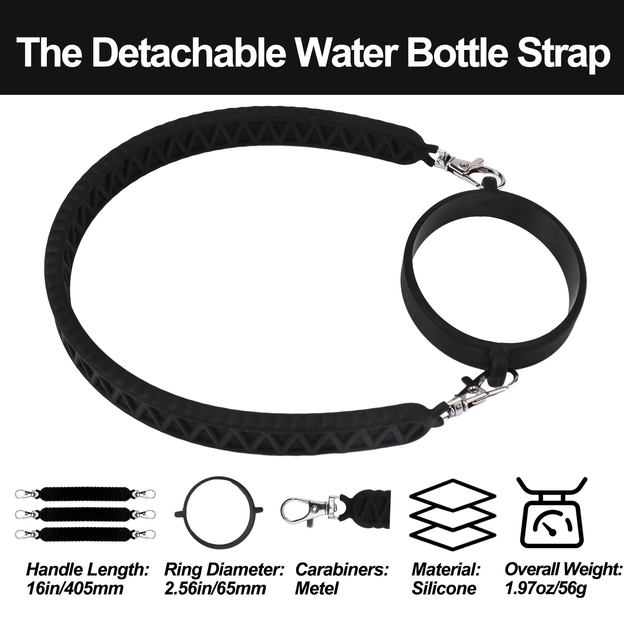Palksky Water Bottle Strap, Silicone Strap for Water Bottle Sling Handle Waterproof Quick Drying with Safety Ring Carabiner for Most 8-40oz Bottles Compatible with Stanley Cup Accessories Black